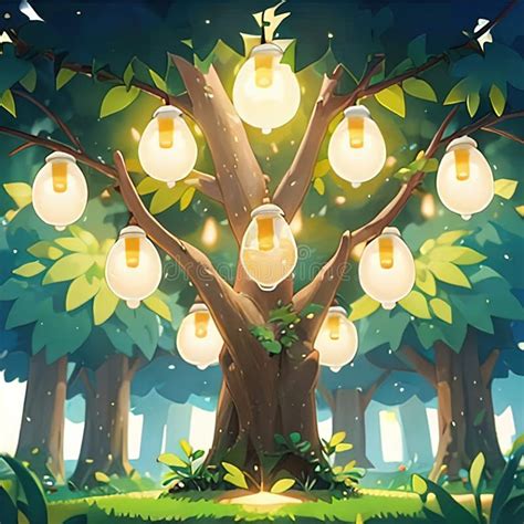 Tree Growing Lightbulbs Showing Growth And Cultivation Of Ideas Cute Simple Anime Style