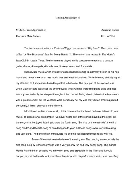 Jazz Asignment 1 Writing Assignment 1 Writing Assignment Mus 307 Jazz Appreciation Zunairah