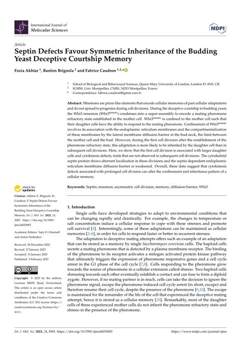 Pdf Septin Defects Favour Symmetric Inheritance Of The Budding Yeast Deceptive Courtship Memory