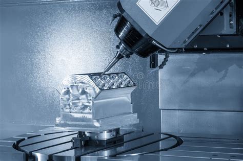 The 5 Axis Machining Center Cutting The V8 Engine Cylinder Block With Solid Ball End Mill Tool