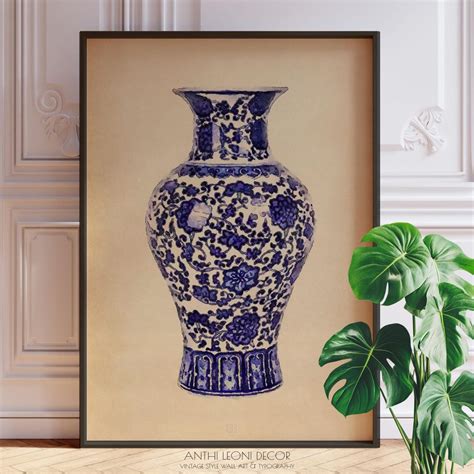 Vintage Willow Pattern Vase Print Blue And White Chinoiserie