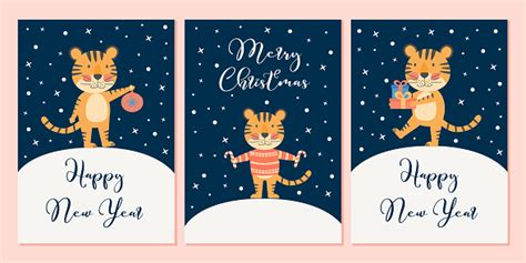 메리 크리스마스와 새해 맞이 마그 카드 세트 귀여운 호랑이 배너 기호 2022 년 마스코트 벡터 캐릭터가 있는 연말연시 겨울 컨셉 2022년에 대한 스톡 벡터 아트 및 기타