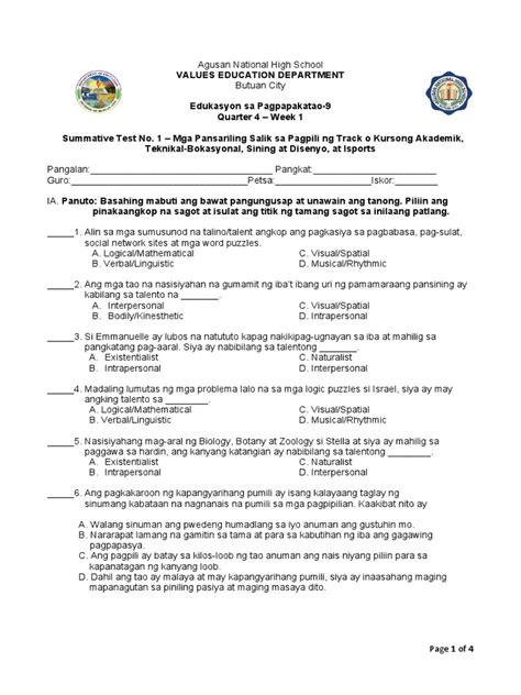 4th Quarter Summative Test 1 Pdf