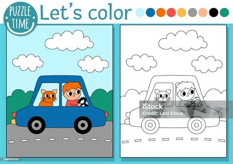 자동차 운전사 고양이가 있는 어린이를 위한 교통 색칠 공부 페이지 벡터 물 수송 개요 그림입니다 색깔이 있는 아이들을 위한 컬러북 그리기 기술 인쇄 가능한 워크시트 교통