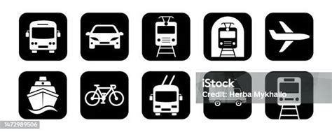 전송 벡터 아이콘의 집합입니다 버스 자동차 트램 지하철 비행기 기차 선박 자전거 및 밴이 있는 검은색 실루엣 아이콘에 대한 스톡 벡터 아트 및 기타 이미지 Istock
