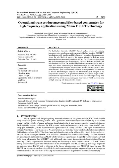 Pdf Operational Transconductance Amplifier Based Comparator For High