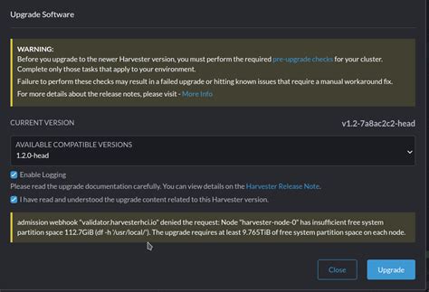 Enhancement Add Disk Space Checking Before Upgrading · Issue 2935 · Harvesterharvester · Github
