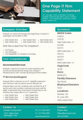 One Page IT Firm Capability Statement PDF Document PPT Template