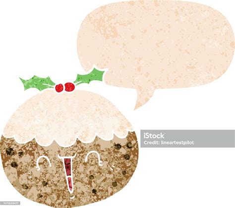 귀여운 만화 크리스마스 푸딩 그런 지 고민 복고풍 질감 스타일에 연설 거품 귀여운에 대한 스톡 벡터 아트 및 기타 이미지 귀여운 기포 낙서 드로잉 Istock