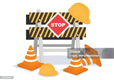 기호 작업자가 정지 또는 도로 표지판 테이프 경고 콘 사이트 장벽을 보류와 건설 배경 벡터 플랫 만화 일러스트레이션 개념에 대한 스톡 벡터 아트 및 기타 이미지 Istock