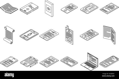 E Book Application Icons Set Isometric Set Of E Book Application Vector Icons Thin Line Outline