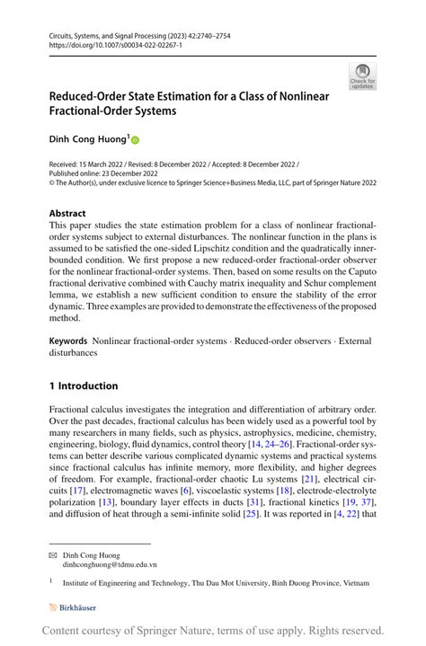 Reduced Order State Estimation For A Class Of Nonlinear Fractional Order Systems Request Pdf