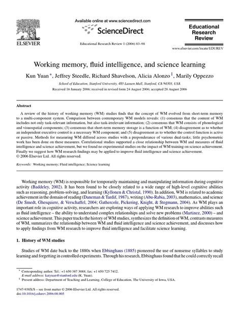 Working Memory Fluid Intelligence And Science Learning Download Free Pdf Working Memory