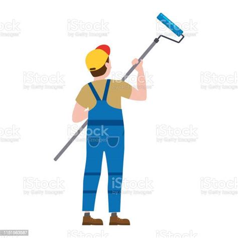 화가는 직장에서 남성 캐릭터 남자 균일 한 남성 화가 페인트 롤러와 벽에 페인트를 적용 합니다 벡터 고립 된 만화 스타일 사다리에 대한 스톡 벡터 아트 및 기타 이미지