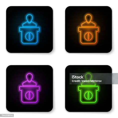 빛나는 네온 정보 책상 아이콘 흰색 배경에 고립입니다 인포메이션 데스크에 서 있는 남자 실루엣 도움말 사람 기호입니다 정보 카운터 아이콘입니다 검은색 사각형 단추입니다 벡터