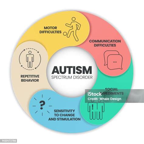 아이콘이있는 자폐증 스펙트럼 장애 인포 그래픽 프리젠 테이션 템플릿에는 레트 증후군 아스퍼거 증후군 Pddnos 자폐증 장애 및 아동 장애와 같은 5 단계가 있습니다