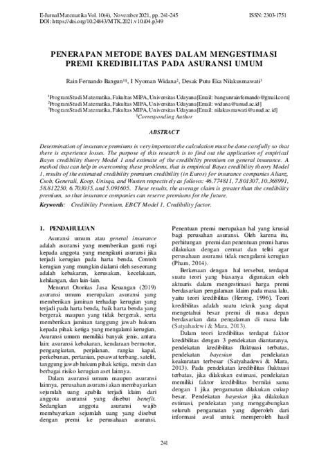 Pdf Penerapan Metode Bayes Dalam Mengestimasi Premi Kredibilitas Pada Asuransi Umum