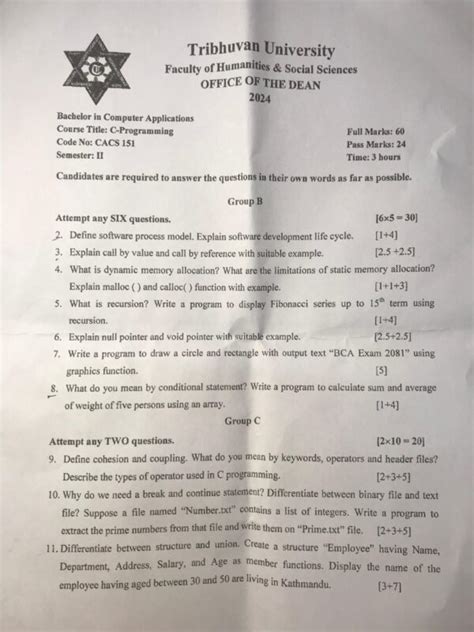 C Programming Final Question Paper Bca Second Semester 2025 Collection Tu Bca Notes Nepal