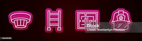 세트 라인 화재 경보 시스템 화재 탈출 대피 계획 및 소방관 헬멧 빛나는 네온 아이콘입니다 벡터 감지기에 대한 스톡 벡터 아트