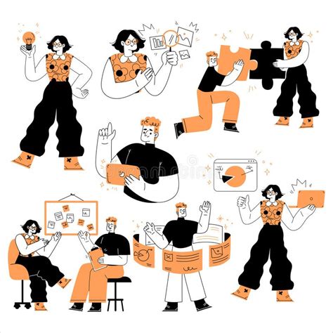 Marketing With Man And Woman Character Doing Creative Project Vector Set Stock Vector