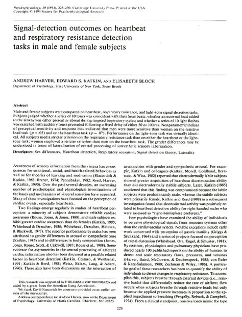 Pdf Signal Detection Outcomes On Heartbeat And Respiratory Resistance Detection Tasks In Male