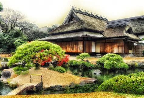 무료 이미지 경치 잔디 맨션 꽃 건물 벽 못 시골집 뒤뜰 정면 재산 정원 일본 식물 나무 Hdr