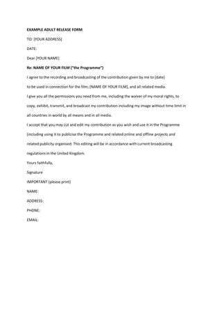 Example Adult Release Form PDF