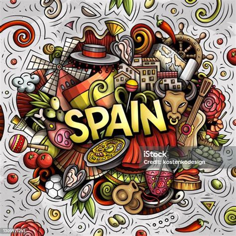 스페인 손으로 그린 만화 낙서 일러스트 재미있는 스페인어 디자인 생활 방식에 대한 스톡 벡터 아트 및 기타 이미지 생활 방식 0명 3차원 형태 Istock