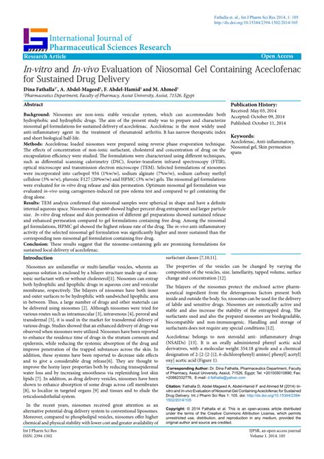 Pdf In Vitro And In Vivo Evaluation Of Niosomal Gel Containing Aceclofenac For Sustained Drug