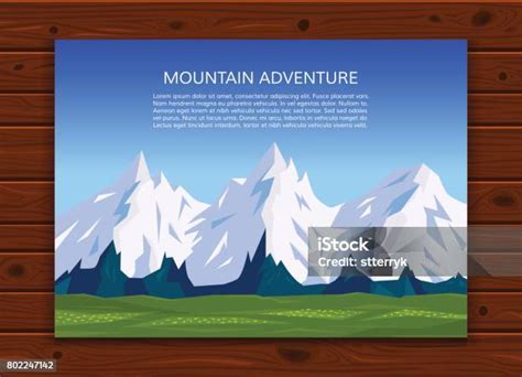 자연과 산의 봄 풍경입니다 등산 트레킹 등산산 모험 카드 여행 하이킹 야외 휴가 또는 익 스 트림 스포츠 배너 벡터 일러스트입니다 0명에 대한 스톡 벡터 아트 및 기타