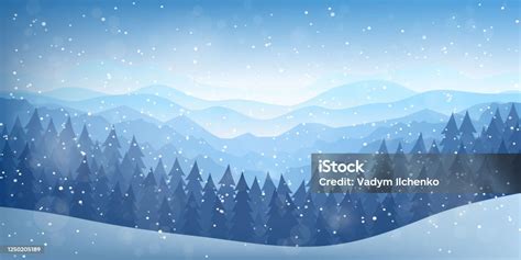 벡터 그림입니다 평평한 풍경 눈 덮인 배경 눈이 떠있습니다 강 설 맑은 푸른 하늘 블리자드 만화 벽지 추운 날씨 겨울 숲 나무와 산 웹사이트 용 디자인 나무에 대한 스톡