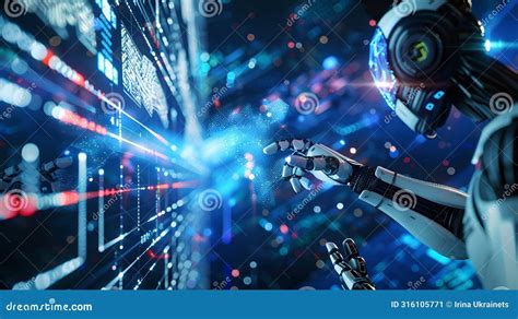 Futuristic Ai Robot Interacting With Digital Interface Technology And