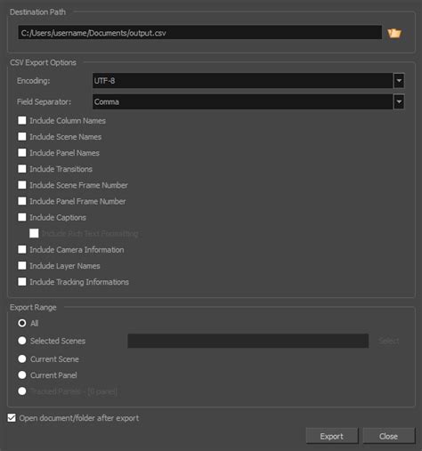 Storyboard Pro 20 Online Help Export Csv Dialog