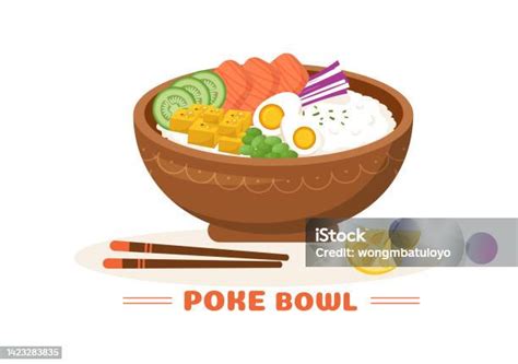 하와이안 접시 찌꺼기 그릇 음식 템플릿 손으로 그린 만화 플랫 일러스트 레이 션 쌀 참치 신선한 생선 계란 및 야채 디자인 건강한 생활방식에 대한 스톡 벡터 아트 및 기타