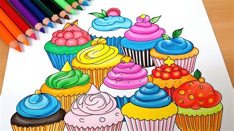 색색의 컵케이크와 색연필이 있는 색칠 페이지 컵케이크 그림 색칠하기 배경 일러스트 및 사진 무료 다운로드 Pngtree
