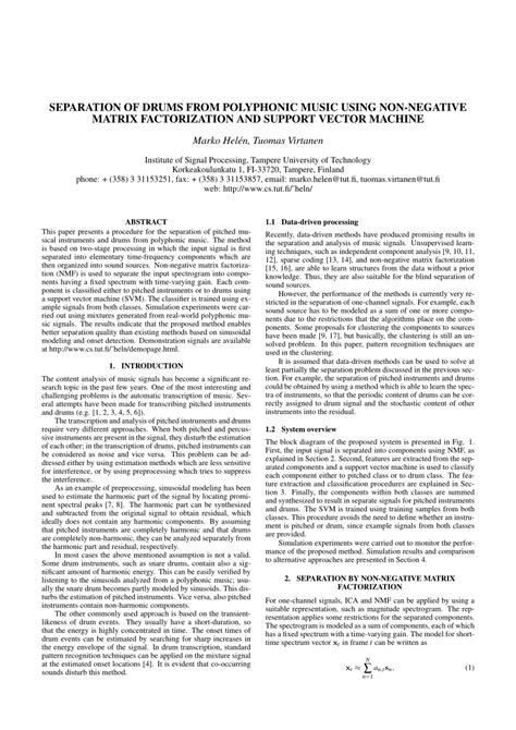 Pdf Separation Of Drums From Polyphonic Music Using Non Negative Matrix Factorization And