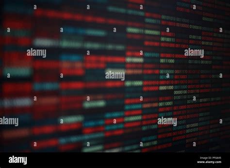 computer virus infection rows of binary codes randomly colored red and