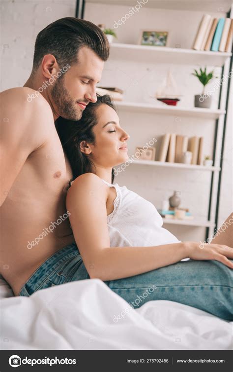 Side View Handsome Man Beautiful Woman Sitting Bed Stock Photo VitalikRadko 275792486