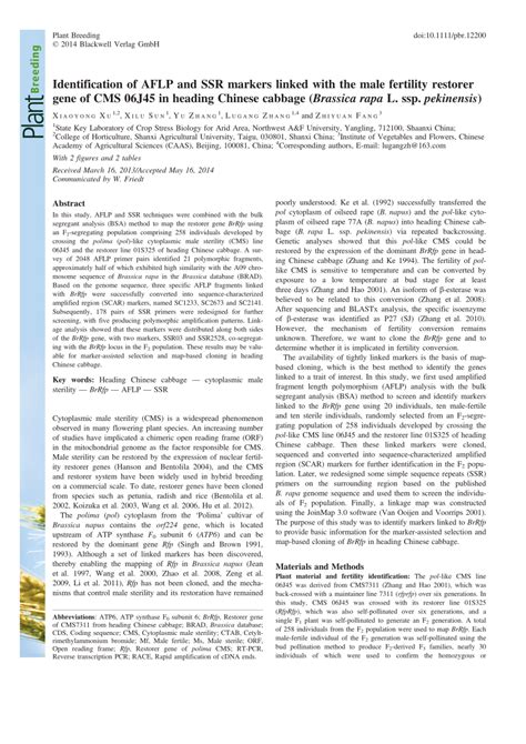 Pdf Identification Of Aflp And Ssr Markers Linked With The Male