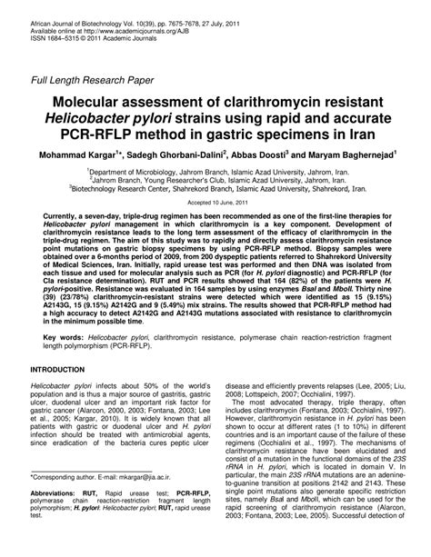 Pdf Molecular Assessment Of Clarithromycin Resistant Helicobacter Pylori Strains Using Rapid