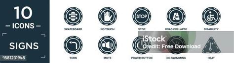 채워진 표지판 아이콘 세트입니다 플랫 스케이트 보드 터치 없음 정지 도로 붕괴 장애 회전 음소거 전원 버튼 수영 금지 편집 가능한 형식의 열 아이콘 포함 건강관리와 의술에