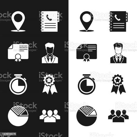 스타 아이콘으로 비즈니스 슈트 인증서 템플릿 지도 핀 전화 책 스톱워치 및 메달을 착용하여 사람의 사용자를 설정합니다 벡터 검은