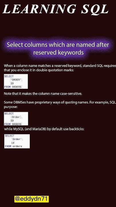 Learning Sql 8 Select Columns Which Are Named After Reserved Keywords Youtube