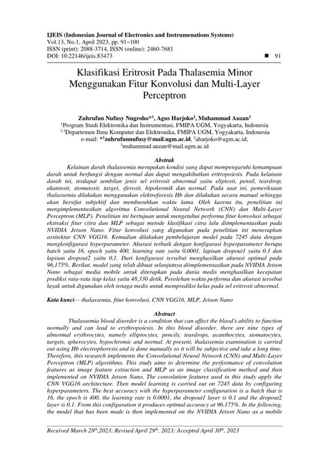 PDF Klasifikasi Eritrosit Pada Thalasemia Minor Menggunakan Fitur Konvolusi Dan Multi Layer