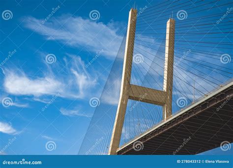 Modern Bridge Pylon Against Blue Sky Multi Span Cable Stayed Bridge Cable Stayed Suspension