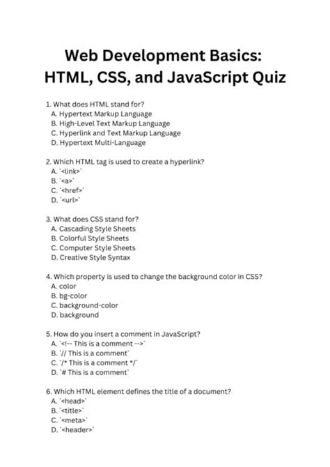 30 Quiz Questions — Web Development Basics Html Css And Javascript Quiz