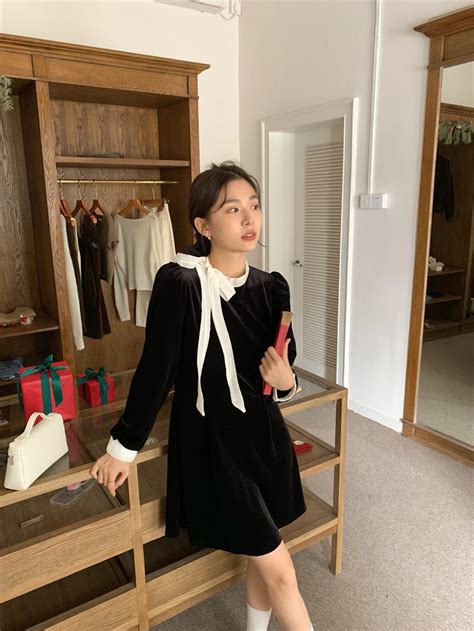 비블랑 하객룩💐스탠드카라 리본벨벳 원피스 긴팔 블랙원피스 가을 겨울