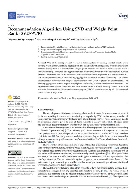 Pdf Recommendation Algorithm Using Svd And Weight Point Rank Svd Wpr
