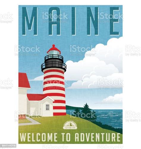 레트로 스타일 여행 포스터 또는 스티커입니다 미국 메인 등 대입니다 복고풍에 대한 스톡 벡터 아트 및 기타 이미지 복고풍 여행 주제 포스터 Istock