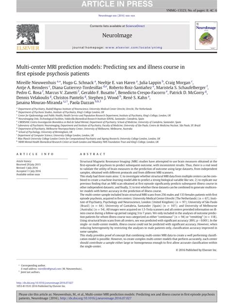 Pdf Multi Center Mri Prediction Models Predicting Sex And Illness Course In First Episode